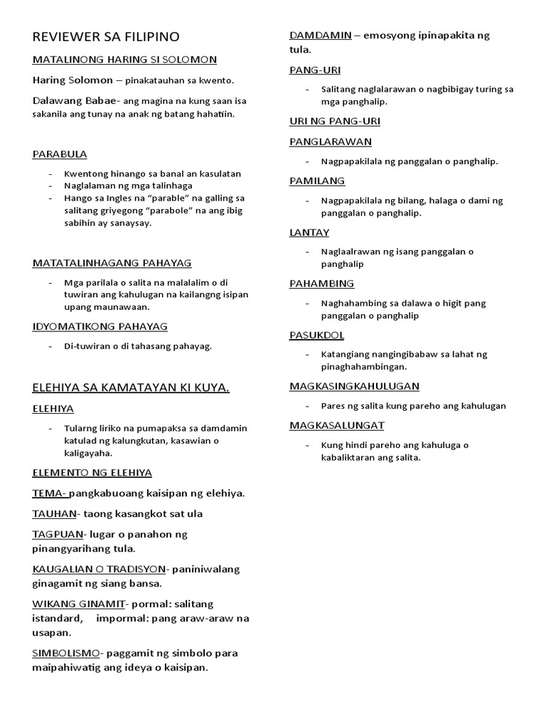 Reviewer Sa Filipino 3RD Quarter | PDF