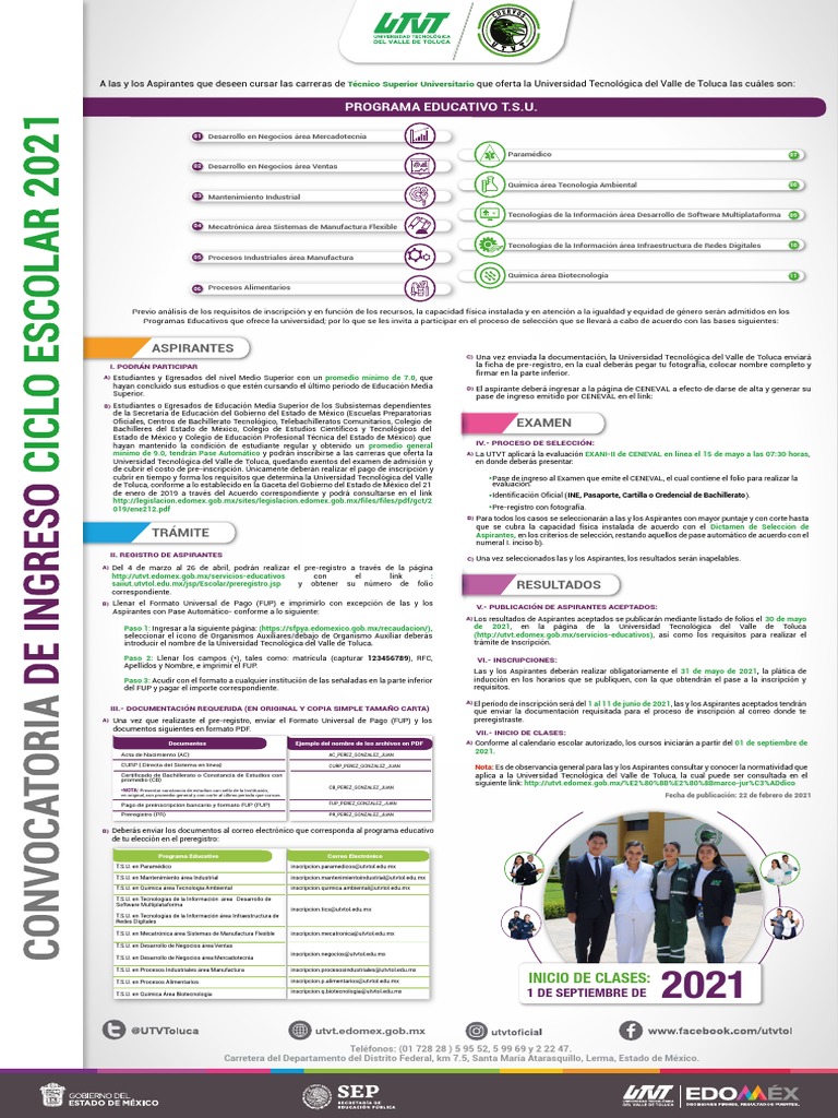 Universidad Tecnológica Del Valle De Toluca Convocatoria Ingreso 2021