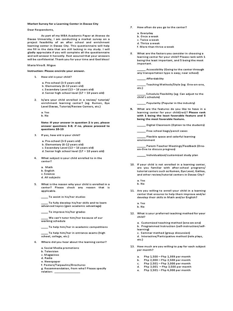 Davao City Learning Center Survey | PDF | Teaching Method | Schools