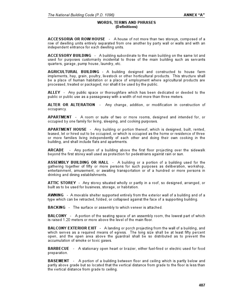 National Building Code Definitions Guide | PDF | Wall | Chimney