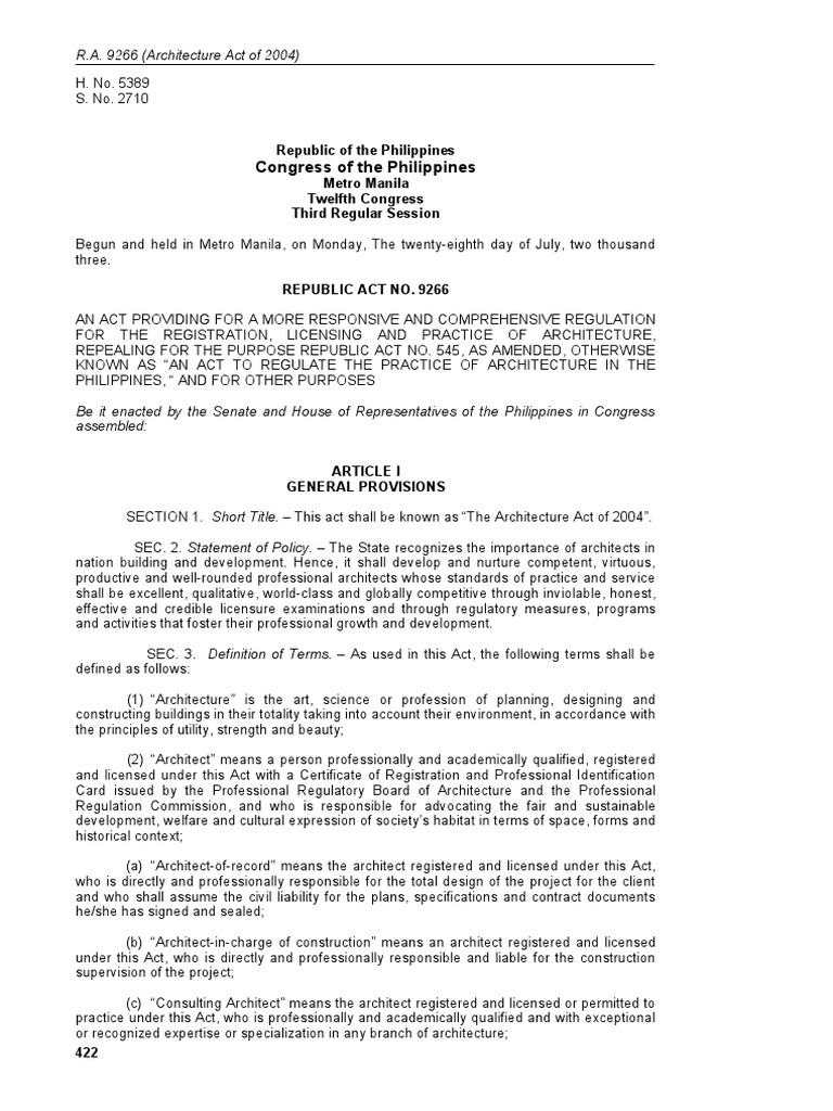 Ra No. 9266 - Book Format | PDF | Licensure | Architect