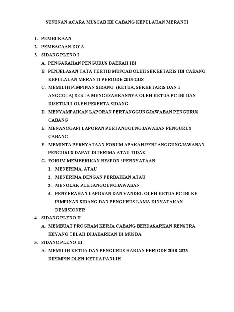 Susunan Acara Muscab Ibi Cabang Kepulauan Meranti (Malam) | PDF