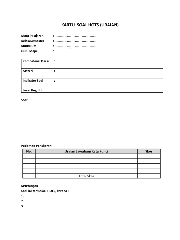 Format Kartu Soal Uraian | PDF
