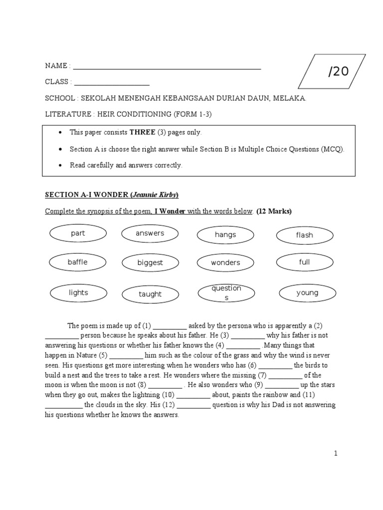 Poem Analysis and Questions on "I Wonder" | PDF | Question