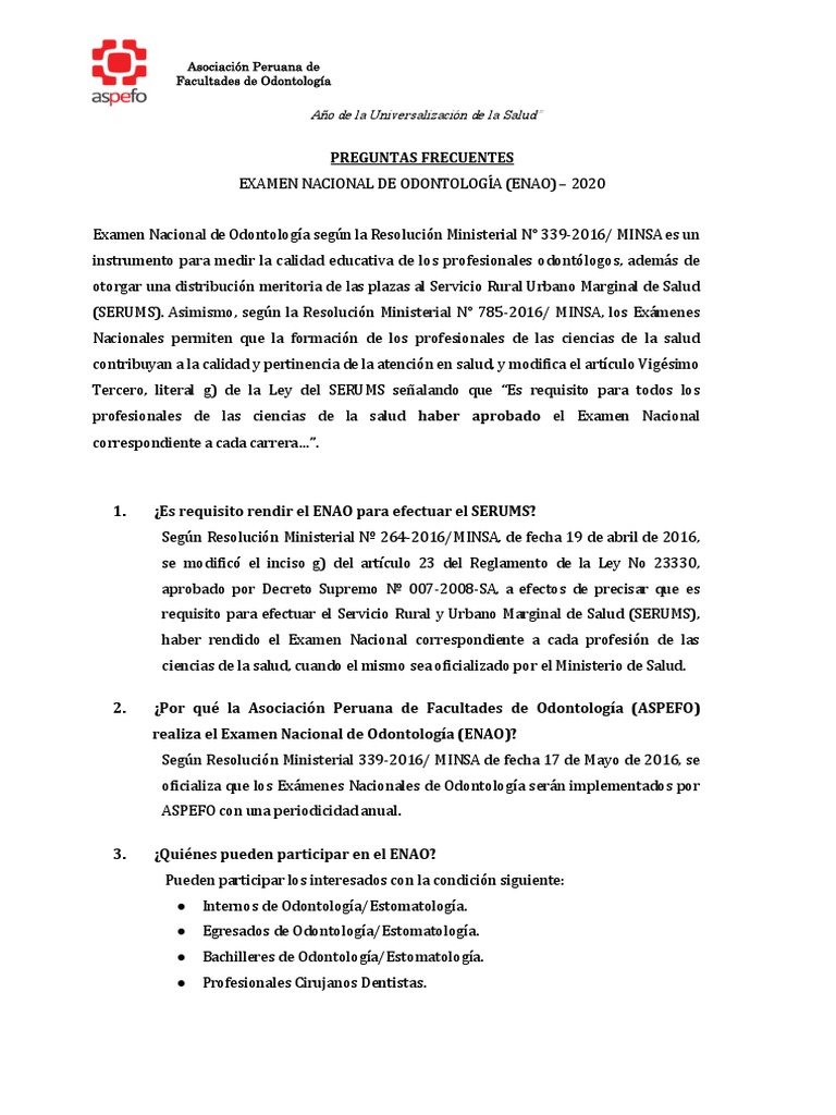 Preguntas Frecuentes ENAO 2020 | PDF | Prueba (evaluación) | Odontología