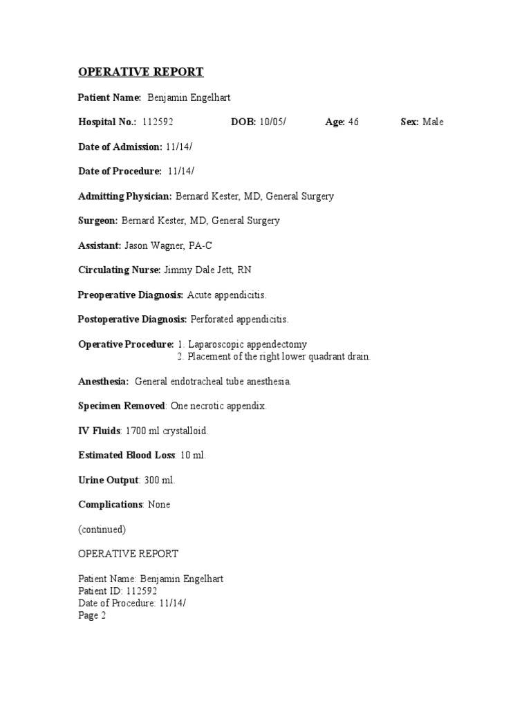 Operative Report | PDF | Surgery | Medical Specialties