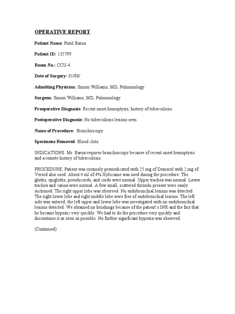 Bronchoscopy Report for Hemoptysis Patient | PDF