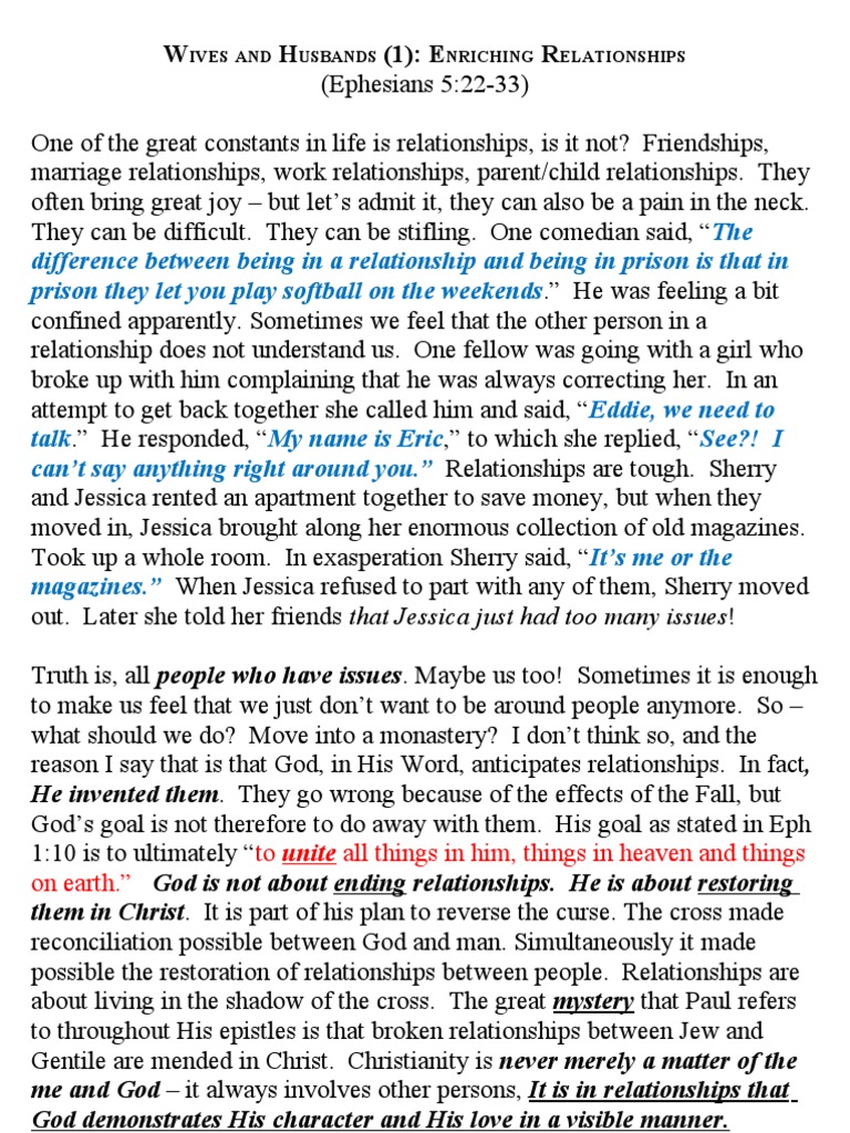 Eph 5-22-33 Wives and Husbands (1) - Enriching Relationships | PDF ...