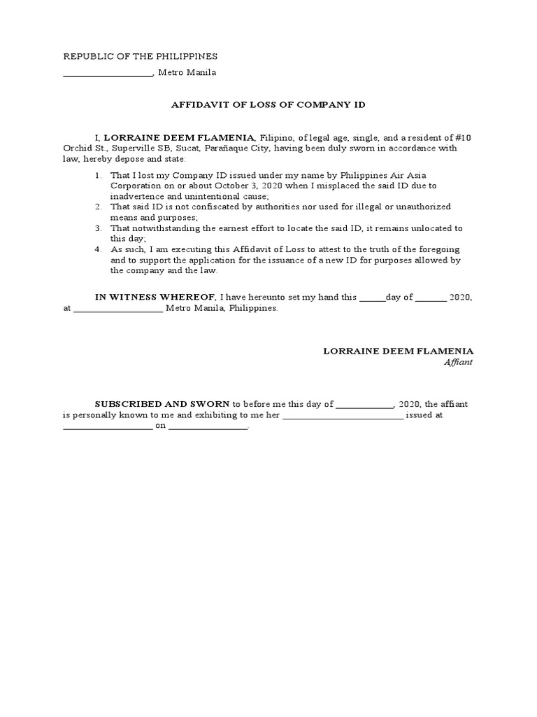 Affidavit of Loss of Company Id: Affiant | PDF