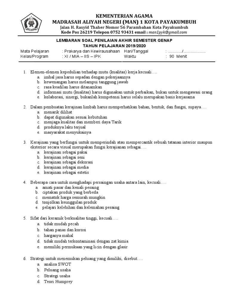 Kelas Xi - Soal Pas Pkwu | PDF