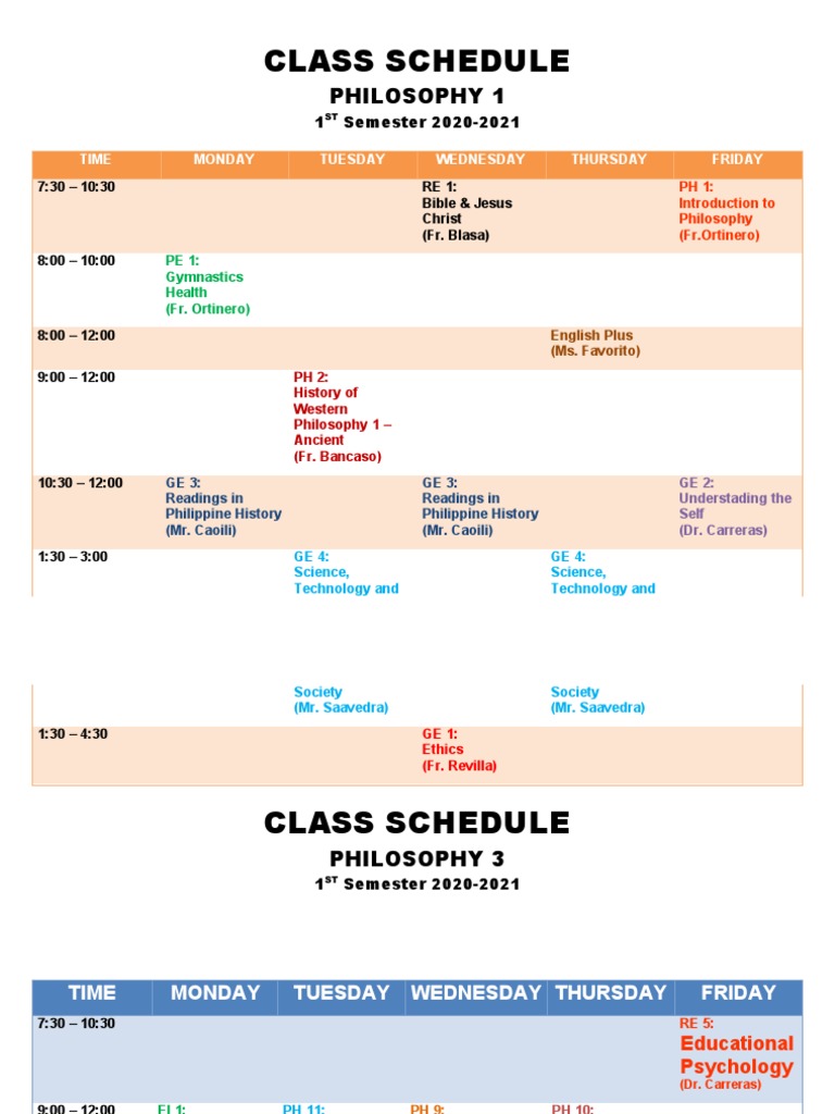 Class Schedules for Philosophy and Theology Courses at a University ...