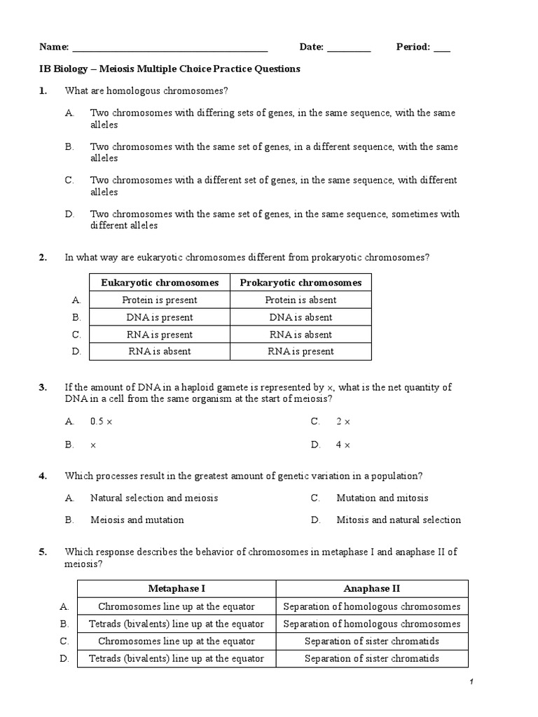 Name: - Date: - Period: - IB Biology - Meiosis Multiple Choice Practice ...