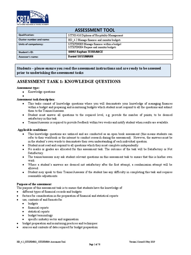 Assessment Tool: Assessment Task 1: Knowledge Questions | PDF | Deposit ...