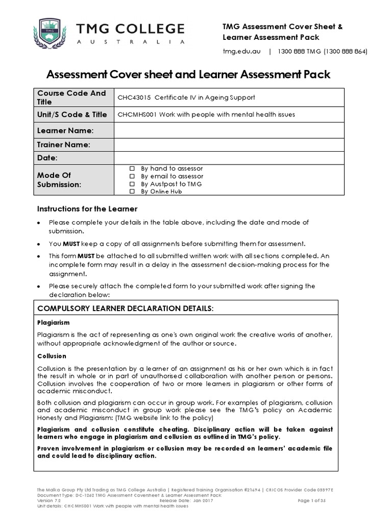 TMG Assessment Cover Sheet & Learner Assessment Pack | PDF | Mental ...