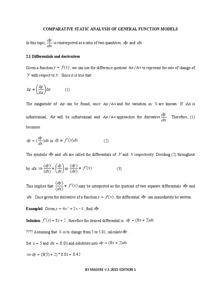 Comparative Static Analysis of General Function Models: An Introduction to Differentials ...