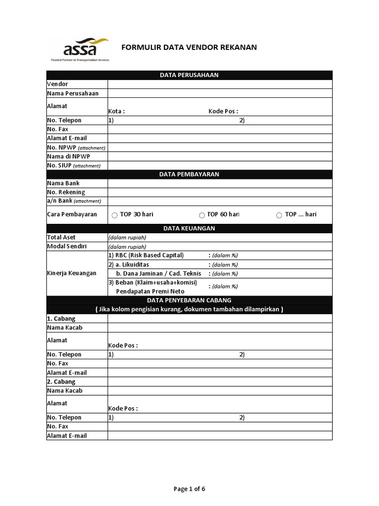 Form Data Vendor Rekanan Tender Asuransi | PDF