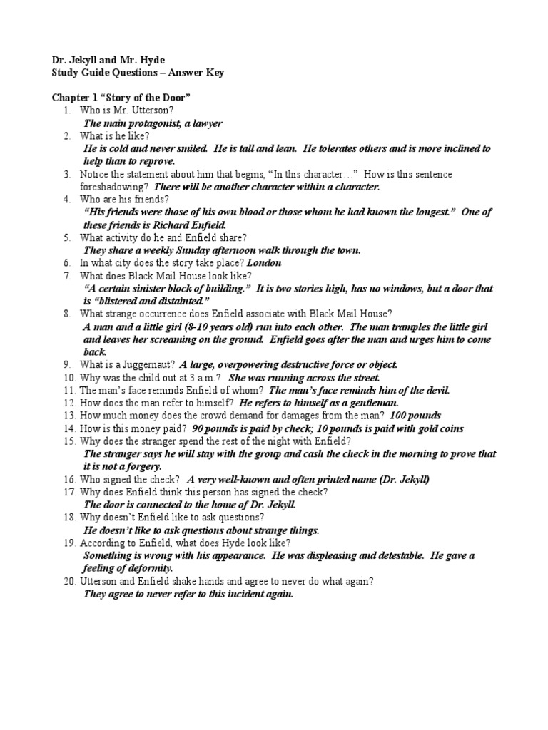 Dr. Jekyll and Mr. Hyde Study Guide Questions - Answer Key Chapter 1 ...