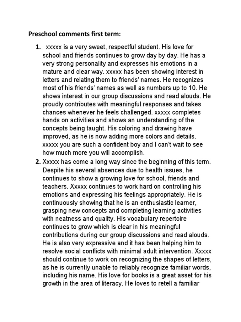 Preschool Comments First Term | PDF | Vocabulary | Preschool