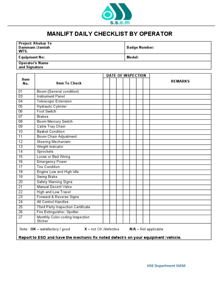 Manlift Daily Inspection by Operator | PDF