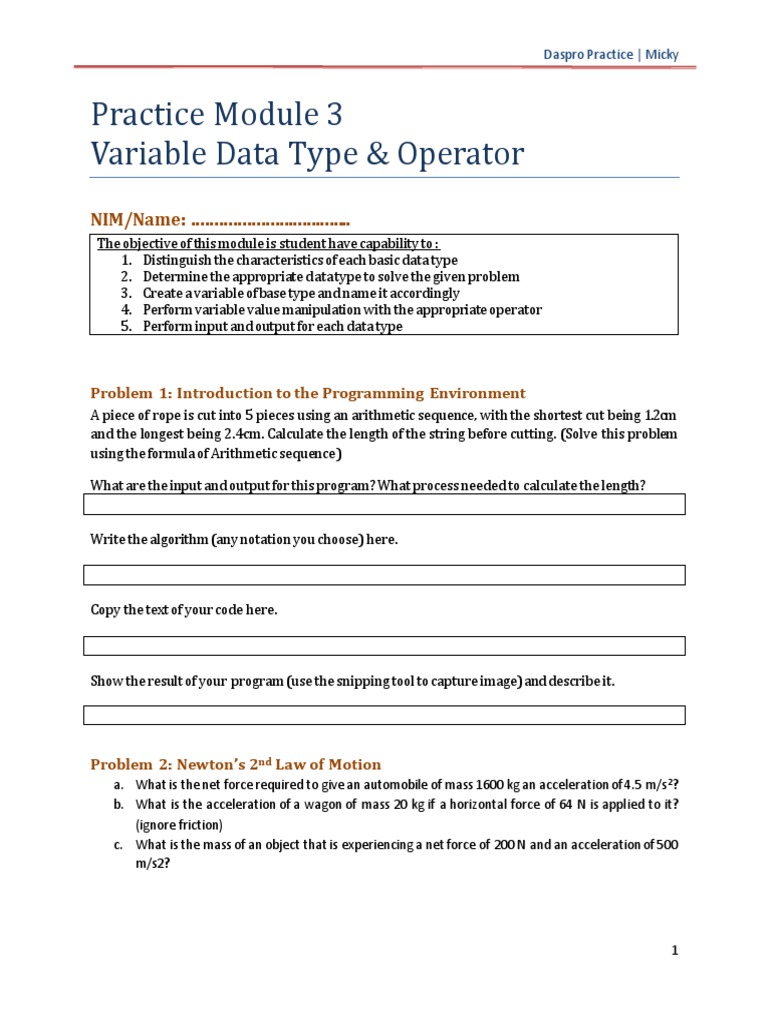 Practice Module 3 Variable Data Type & Operator: NIM/Name: . | PDF