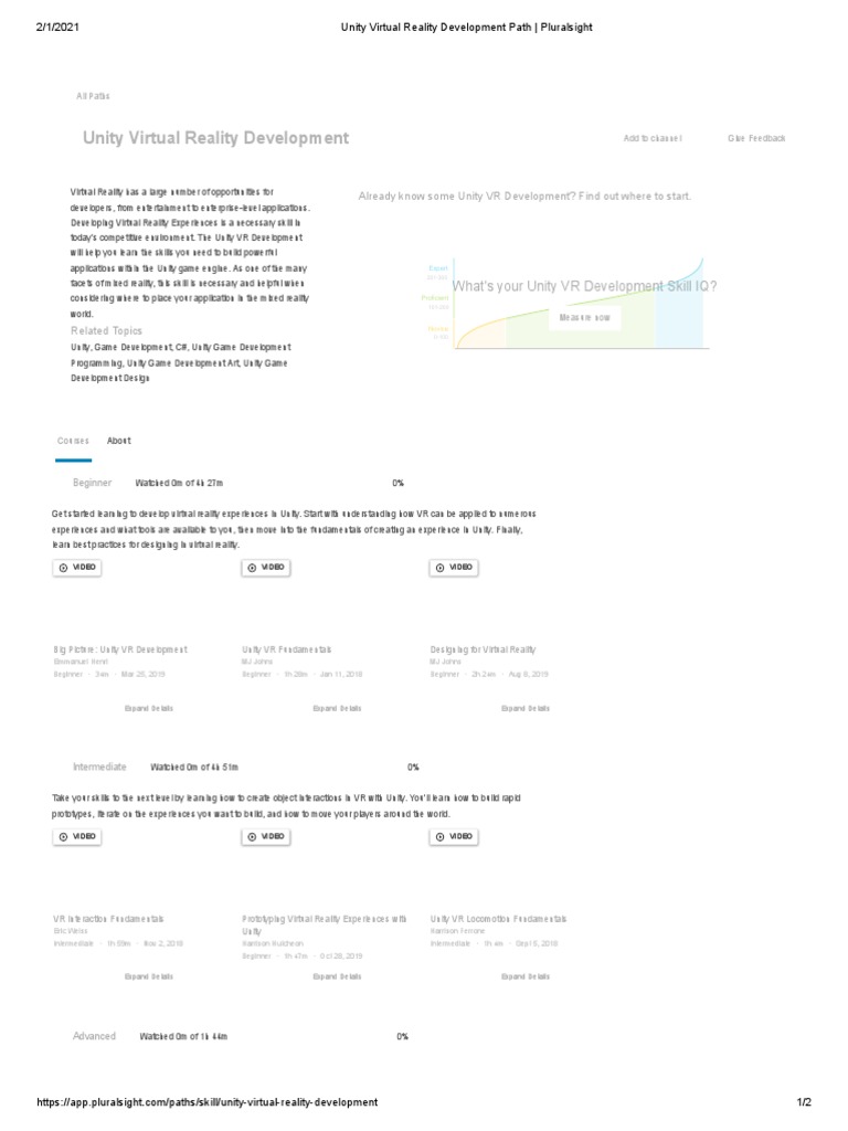 Unity Virtual Reality Development Path - Pluralsight | PDF | Unity (Game Engine) | Virtual Reality