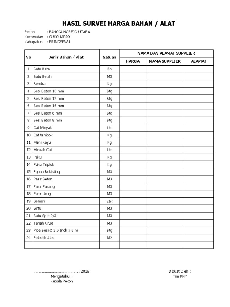 SURVEY Bahan Dan Alat | PDF