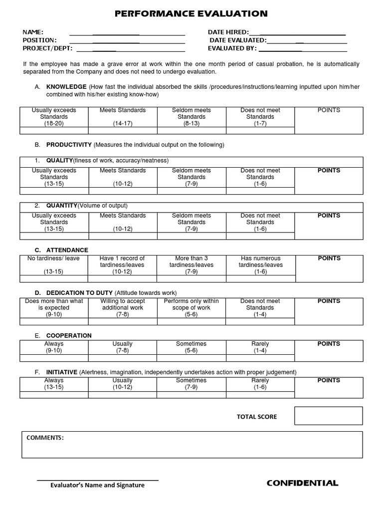 Performance Evaluation Form | PDF | Performance Appraisal | Applied ...