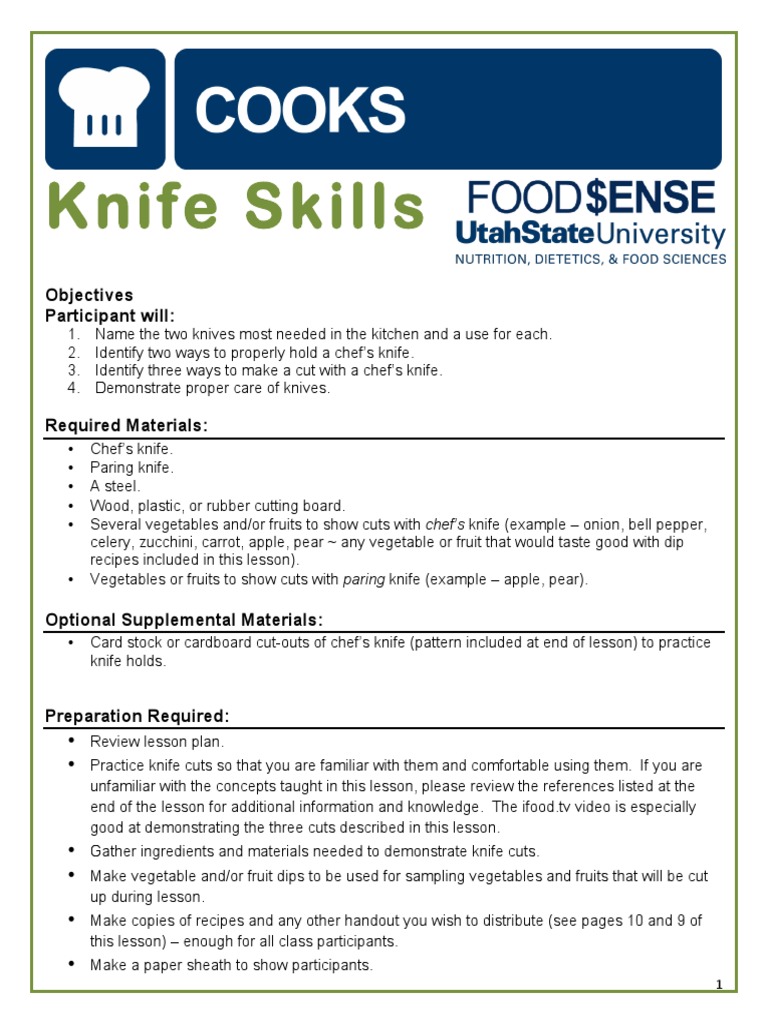 Knife Skills: Objectives Participant Will | PDF | Knife | Food And Drink