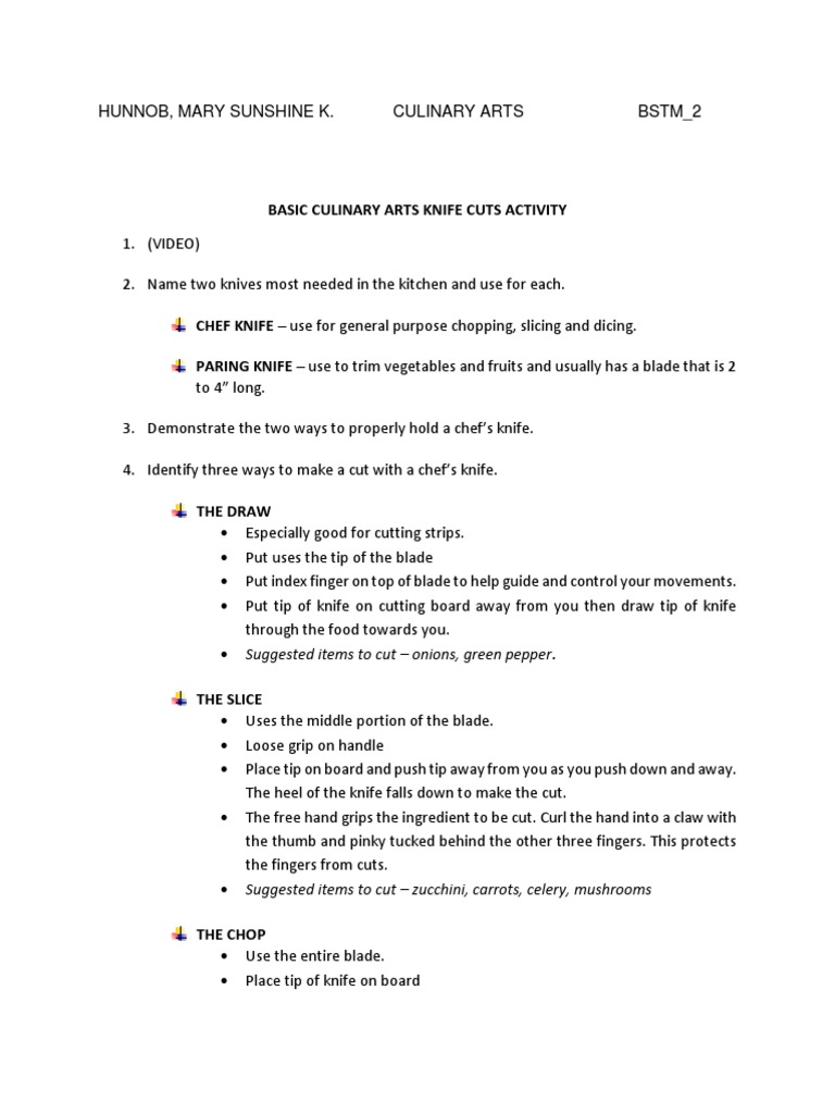 Basic Culinary Arts Knife Cuts Activity | PDF | Knife | Food And Drink