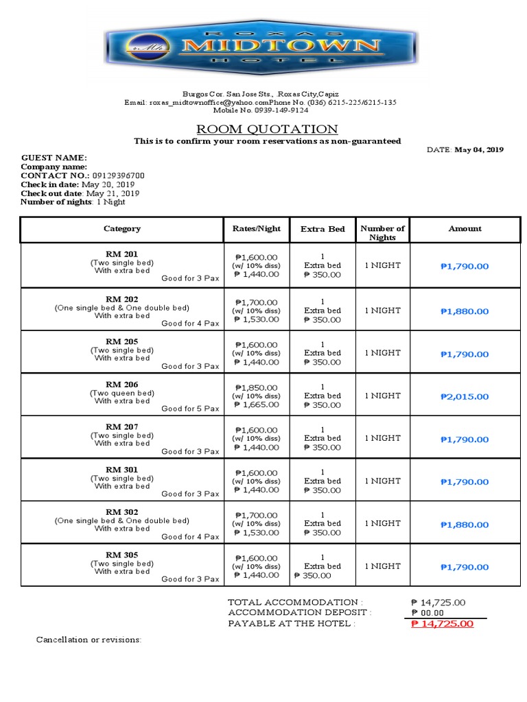 Room Quotation: This Is To Confirm Your Room Reservations As Non ...