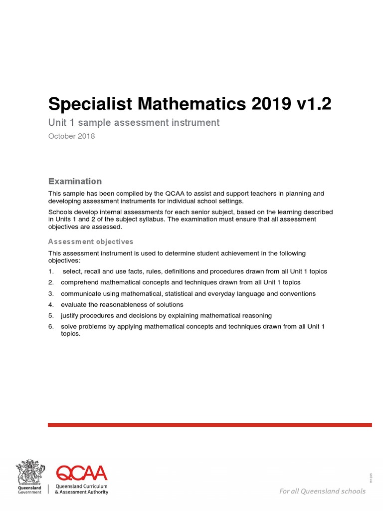 Specialist Mathematics 2019 v1.2: Unit 1 Sample Assessment Instrument ...