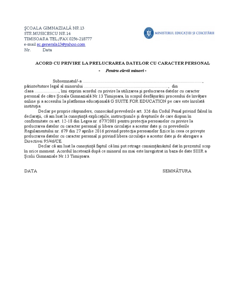 Acord Prelucrare Date Cu Caracter Personal Online - Elevi | PDF