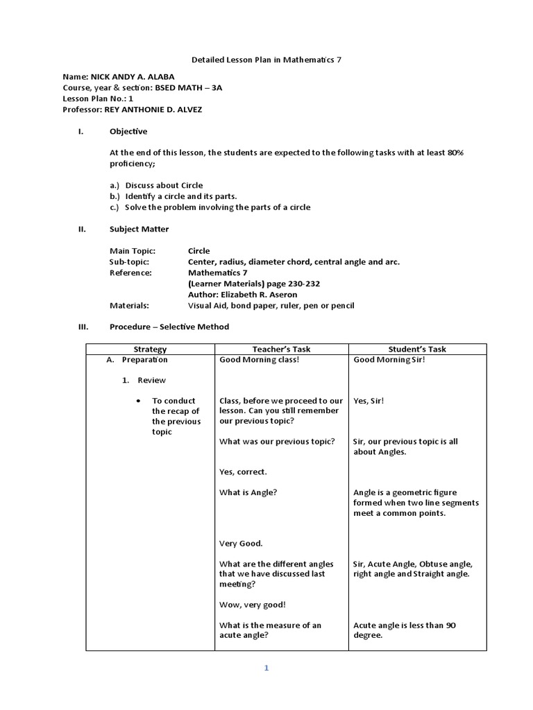 Grade 7 Circle Geometry Lesson Plan | PDF | Circle | Angle