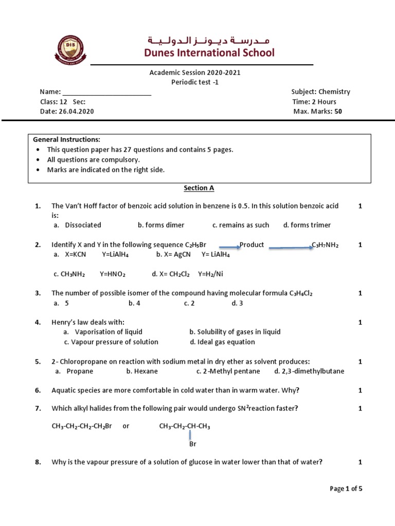 Grade 12 Chemistry PT1 2020-21 | PDF | Solution | Chemical Reactions