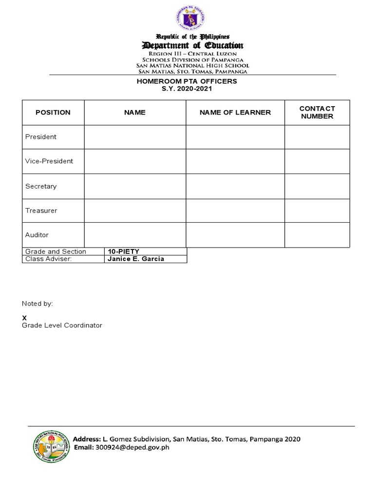 Homeroom PTA Officers Template 2020-2021 | PDF