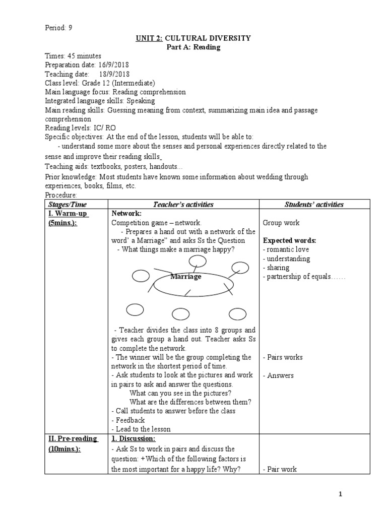 Unit 2: Cultural Diversity Part A: Reading: Stages/Time Teacher's ...