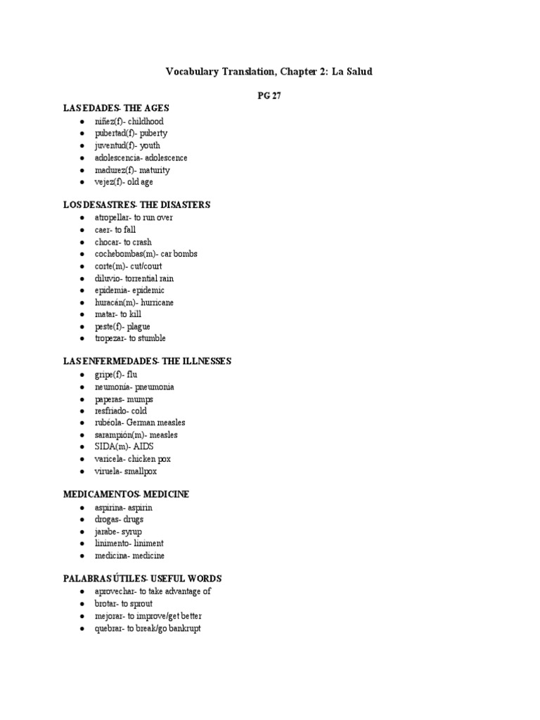 Vocabulary Translation, Chapter 2 La Salud | PDF | Public Health ...