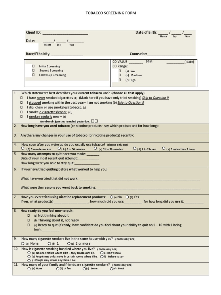 Assessing Readiness to Quit: A Tobacco Screening Form | PDF | Tobacco ...