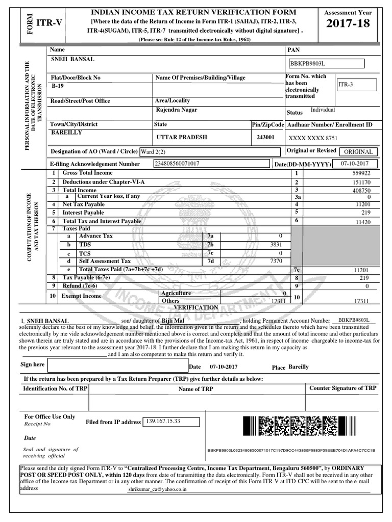 Itr-V: (Please See Rule 12 of The Income-Tax Rules, 1962) | Download ...