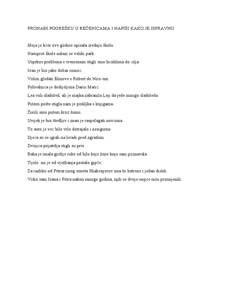 NASTAVNI LISTIĆ Ispravi Rečenice | PDF