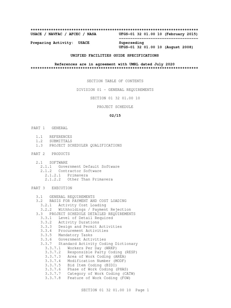 Ufgs 01 32 01.00 10 Project Schedule | PDF | Specification (Technical ...