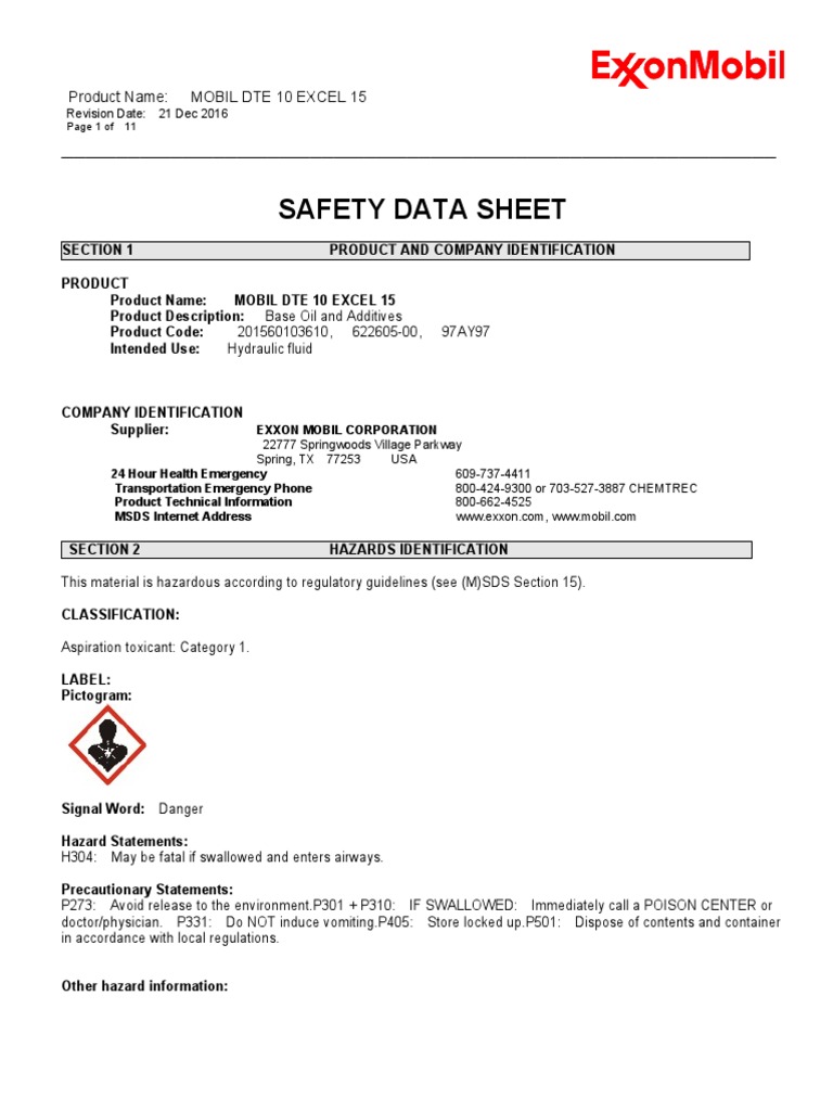 MSDS Mobile DTE 10 Excel 15 | PDF | Firefighting | Toxicity
