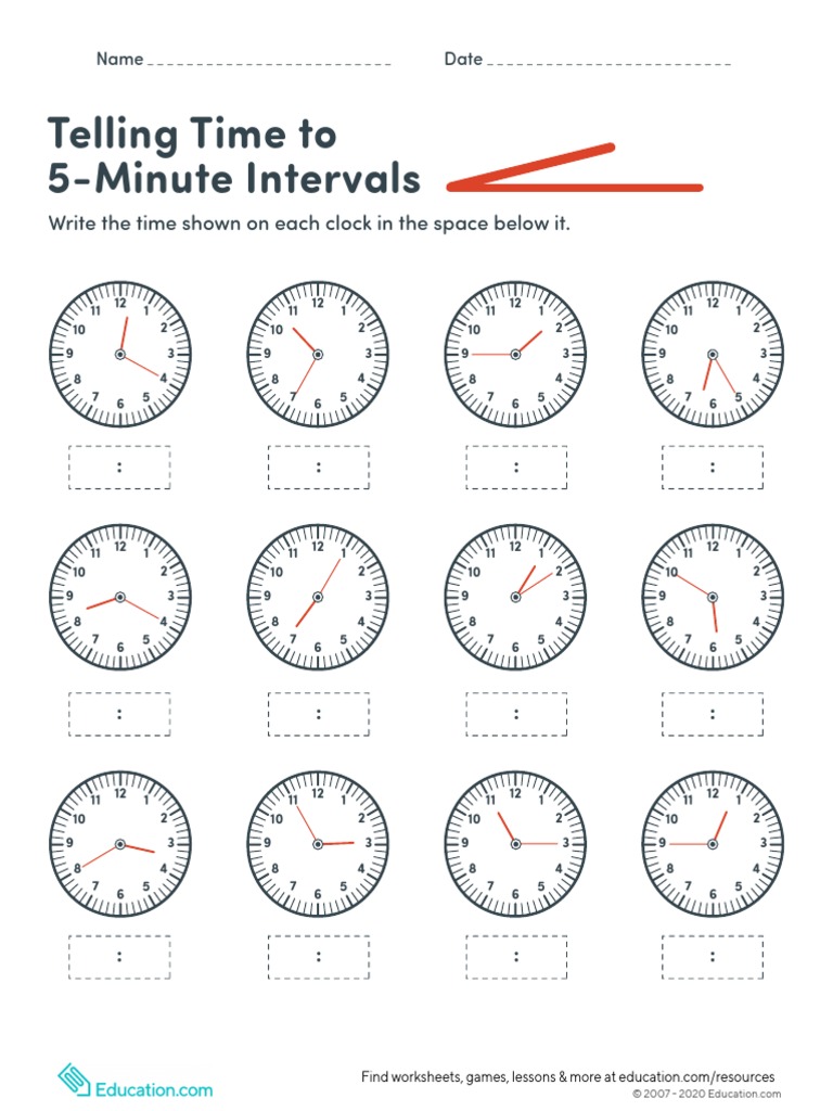 Telling Time To 5-Minute Intervals: Write The Time Shown On Each Clock ...