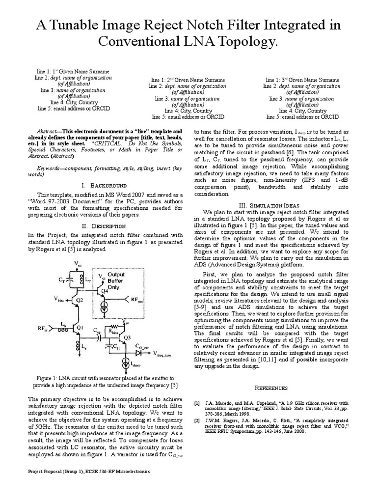RF Notch Filter Design for LNAs | PDF | Electronic Filter | Simulation