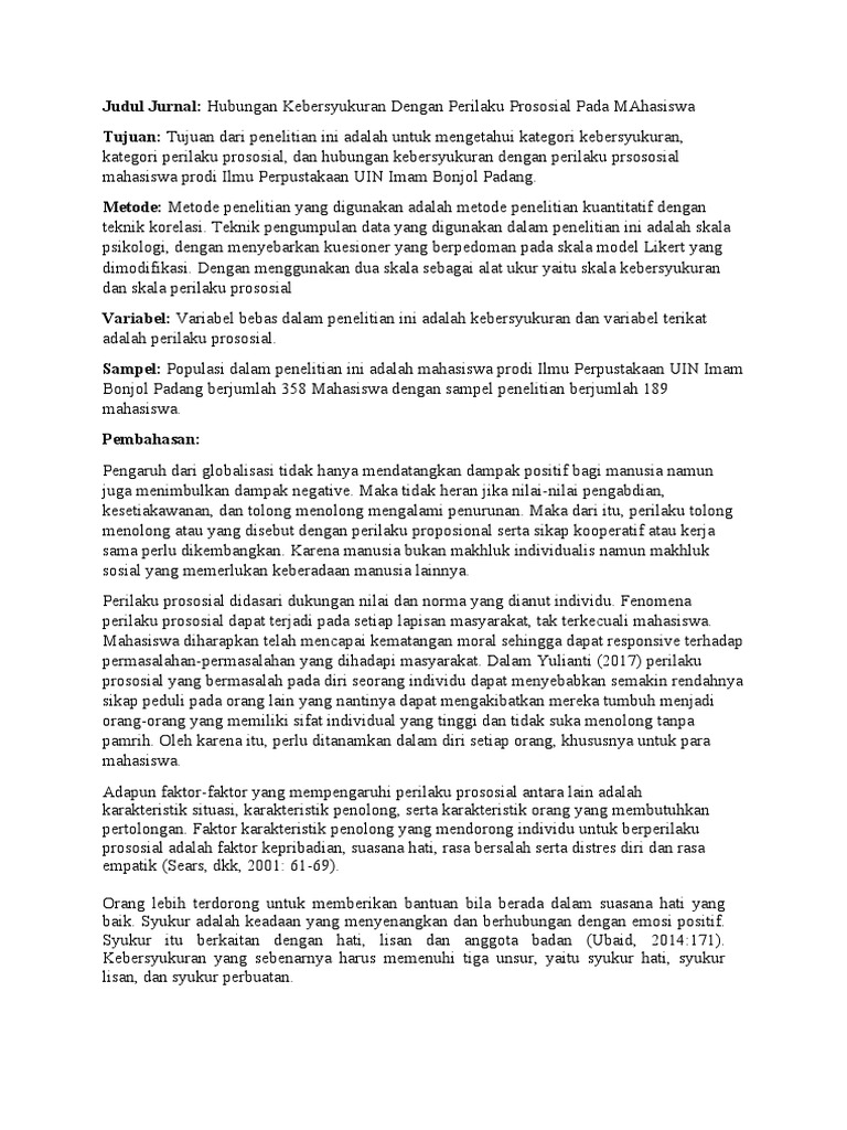 Hubungan Kebersyukuran Dengan Perilaku Prososial Pada MAhasiswa | PDF