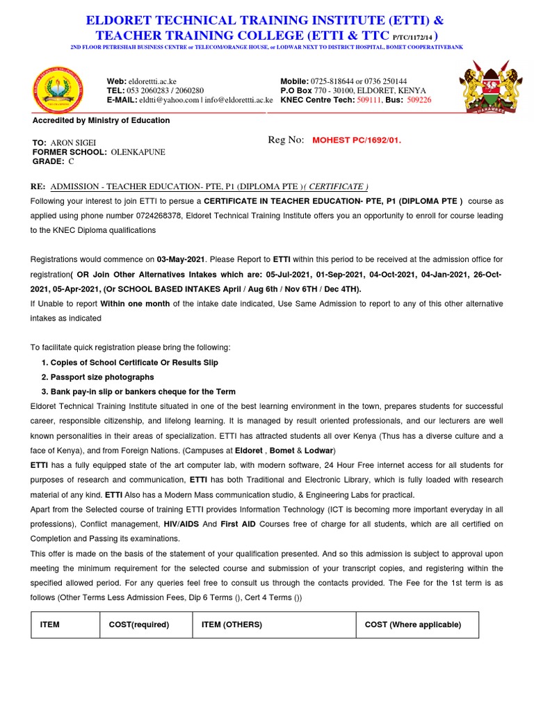 Eldoret Technical Training Institute (Etti) & Teacher Training College ...