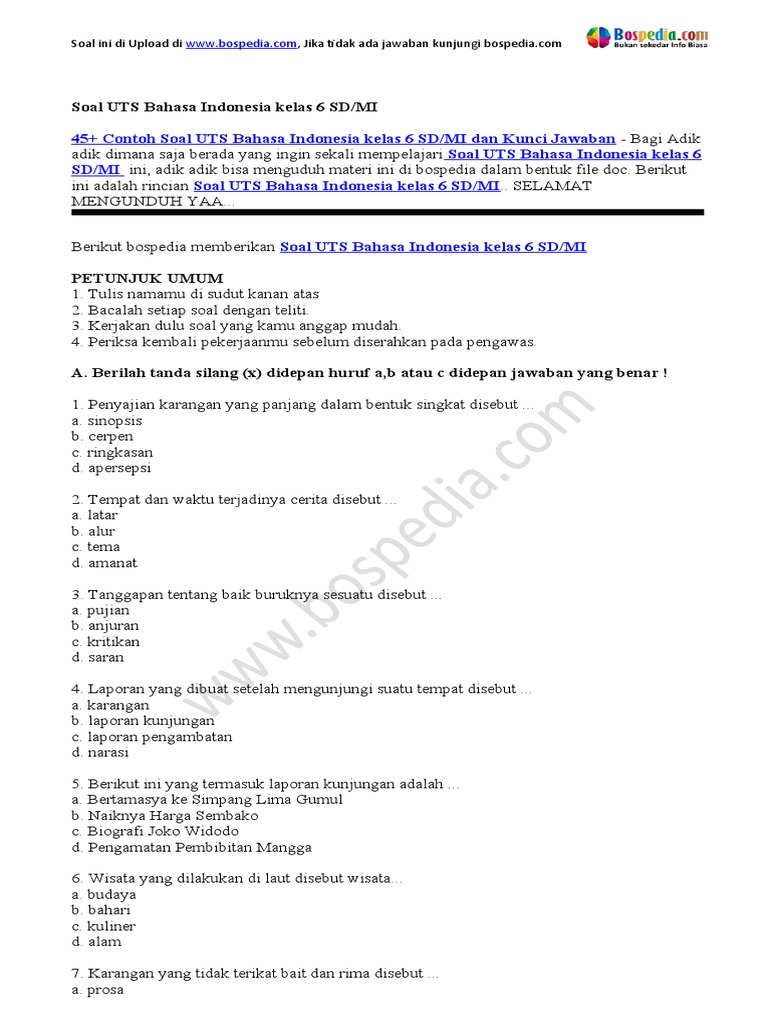 45 Contoh Soal UTS Bahasa Indonesia Kelas 6 SD MI Dan Kunci Jawaban | PDF | Seni & Disiplin Bahasa
