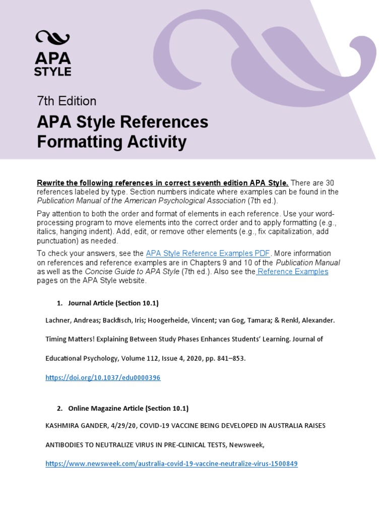 APA Style References Formatting Activity: 7th Edition | PDF | American ...