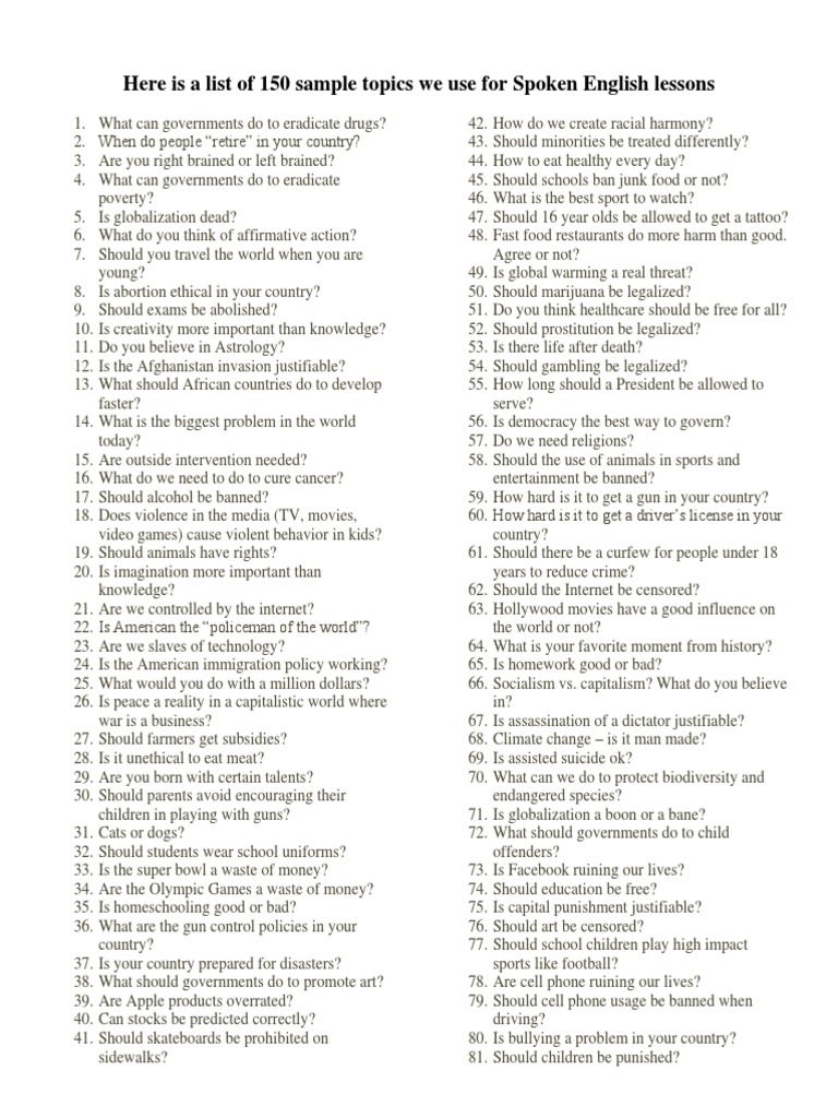 Here Is A List of 150 Sample Topics We Use For Spoken English Lessons ...