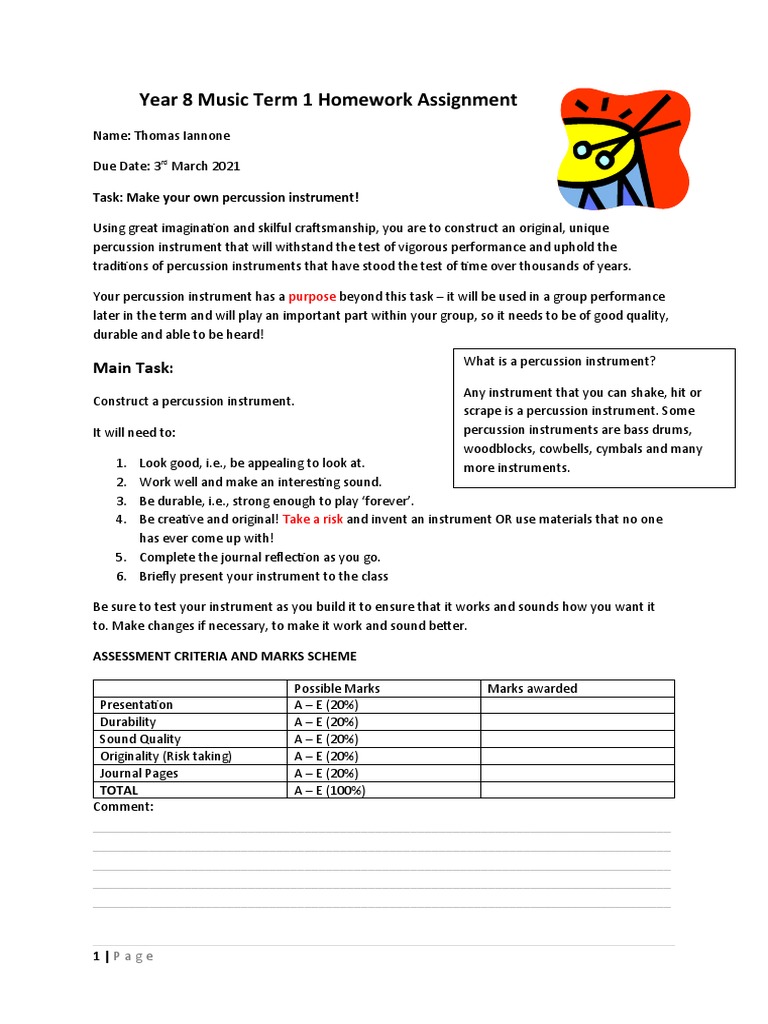 Year 8 Music Percussion Assignment | PDF | Musical Instruments | Pipe ...
